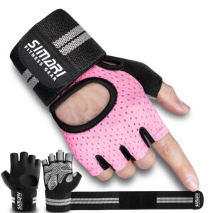 simari breathable workout gloves for women men, padded weight lifting gloves with wrist wraps support, full palm protection, grip for gym training, fitness, weightlifting, exercise fingerless pink