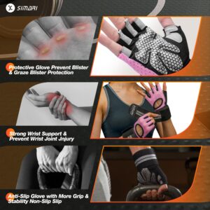 SIMARI Breathable Workout Gloves for Women Men, Padded Weight Lifting Gloves with Wrist Wraps Support, Full Palm Protection, Grip for Gym Training, Fitness, Weightlifting, Exercise Fingerless Pink