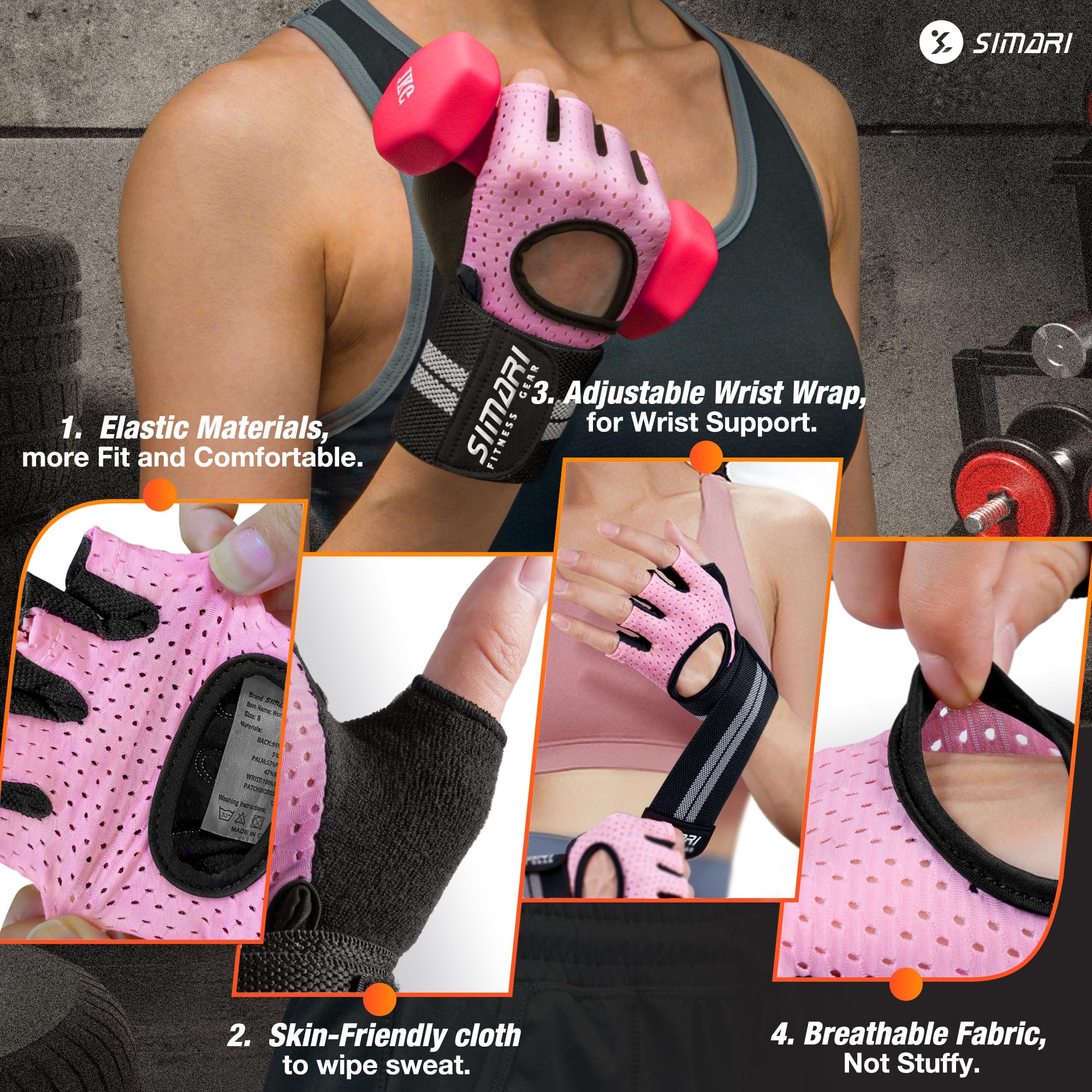 SIMARI Breathable Workout Gloves for Women Men, Padded Weight Lifting Gloves with Wrist Wraps Support, Full Palm Protection, Grip for Gym Training, Fitness, Weightlifting, Exercise Fingerless Pink