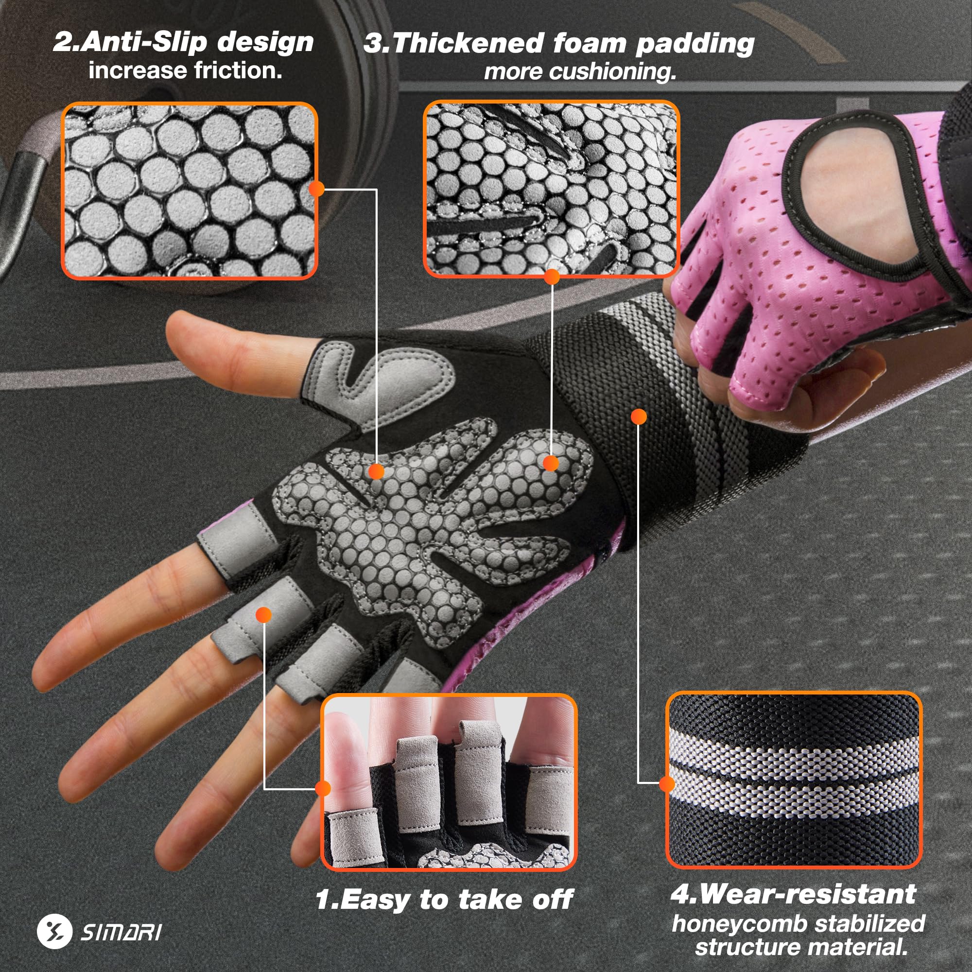 SIMARI Breathable Workout Gloves for Women Men, Padded Weight Lifting Gloves with Wrist Wraps Support, Full Palm Protection, Grip for Gym Training, Fitness, Weightlifting, Exercise Fingerless Pink