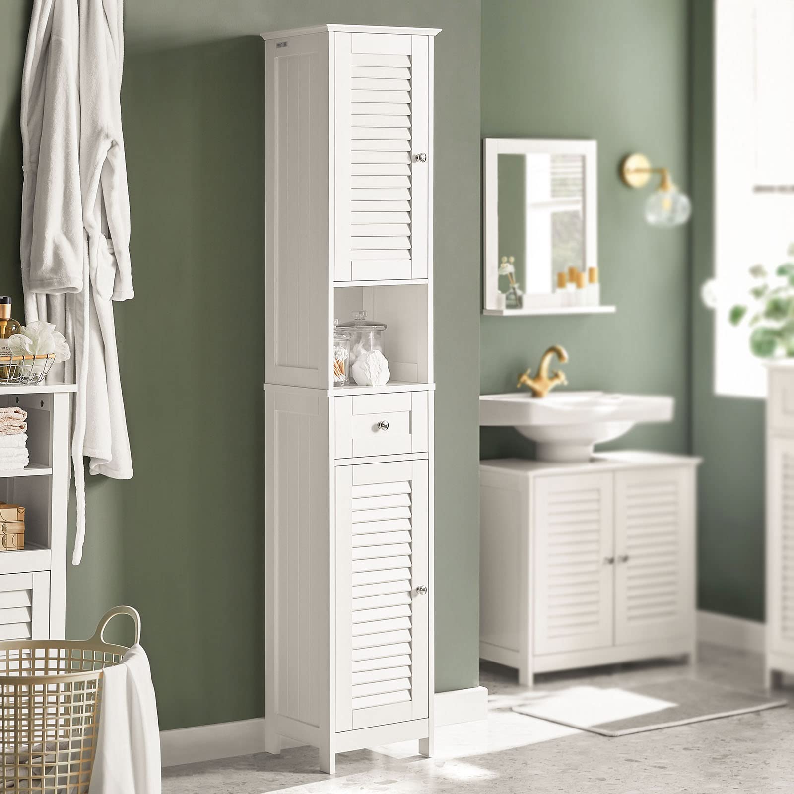 Haotian Tall Bathroom Storage Cabinet Freestanding Cabinet Slim Cabinet with Shelves and Drawers, White FRG236-W