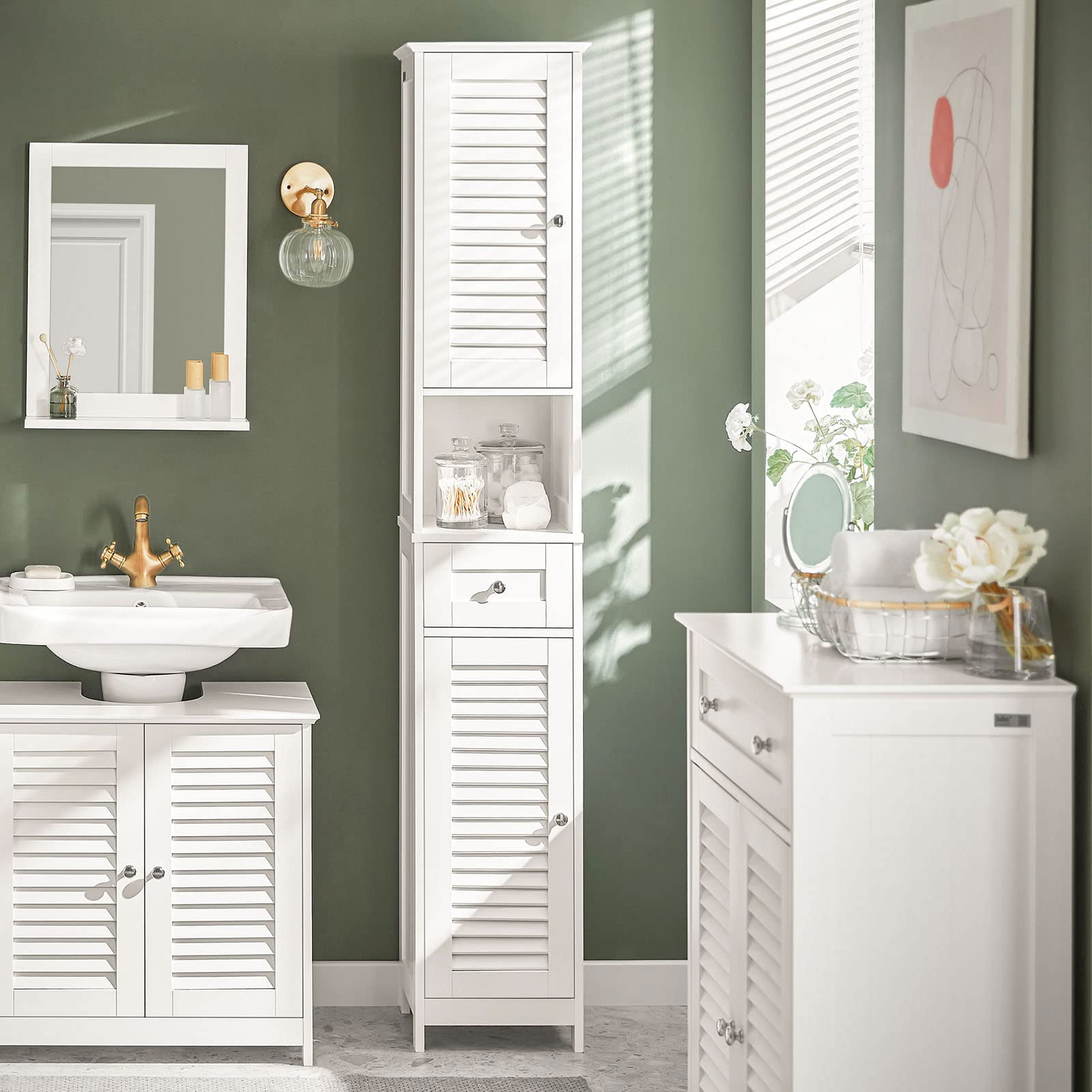 Haotian Tall Bathroom Storage Cabinet Freestanding Cabinet Slim Cabinet with Shelves and Drawers, White FRG236-W