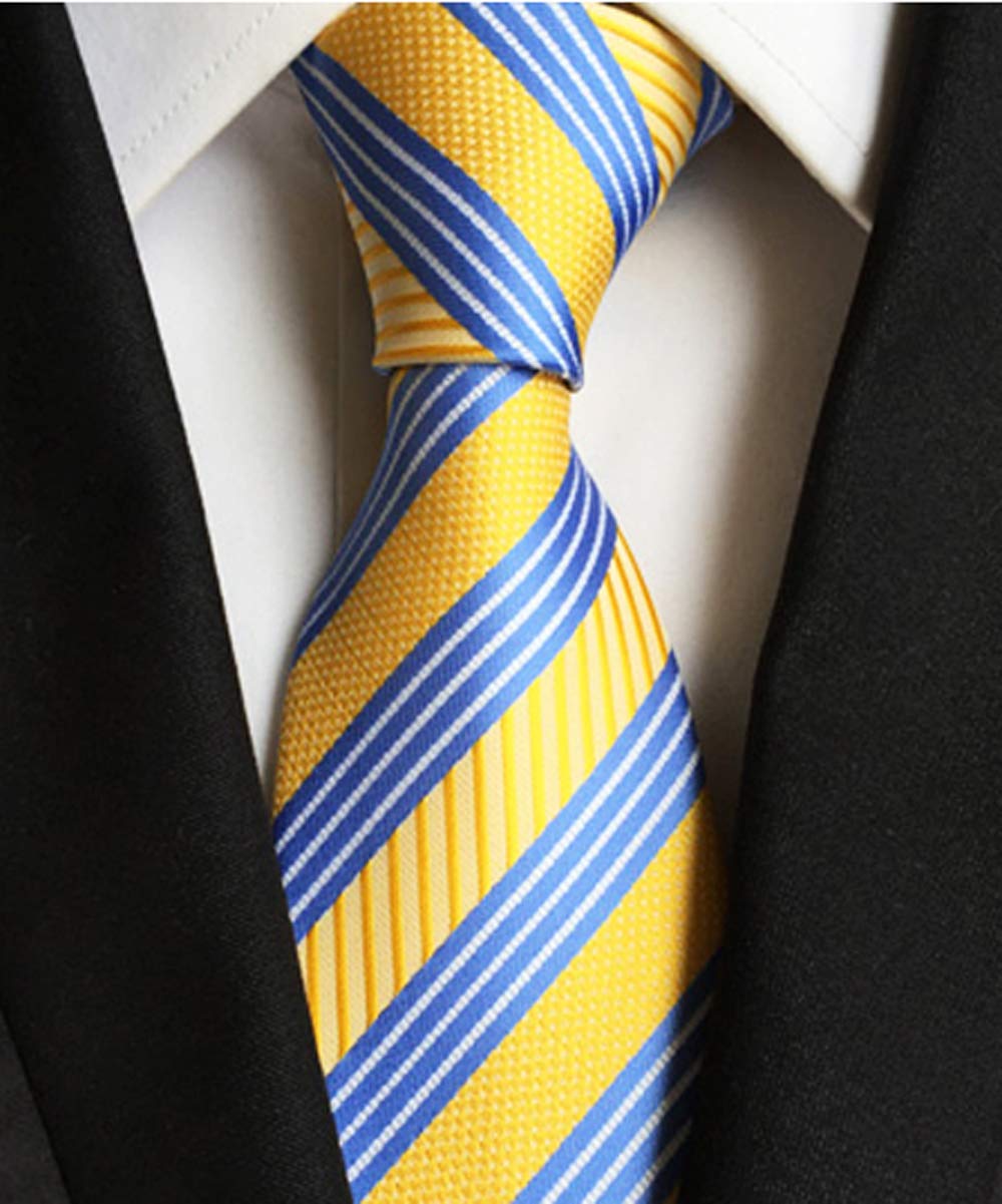 Men's Modern Repp Striped Blue and Yellow Jacquard Woven Silk Tie Casual Necktie