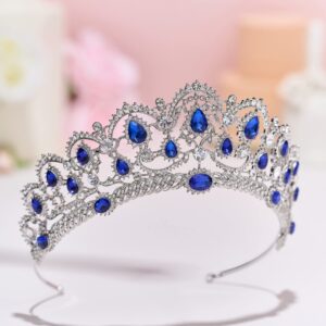 SWEETV Crystal Wedding Tiara for Bride Rhinestone Princess Crown for Women, Olivia Quinceanera Crown Bridal Costume Jewelry Hair Accessories, Blue