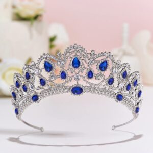 SWEETV Crystal Wedding Tiara for Bride Rhinestone Princess Crown for Women, Olivia Quinceanera Crown Bridal Costume Jewelry Hair Accessories, Blue