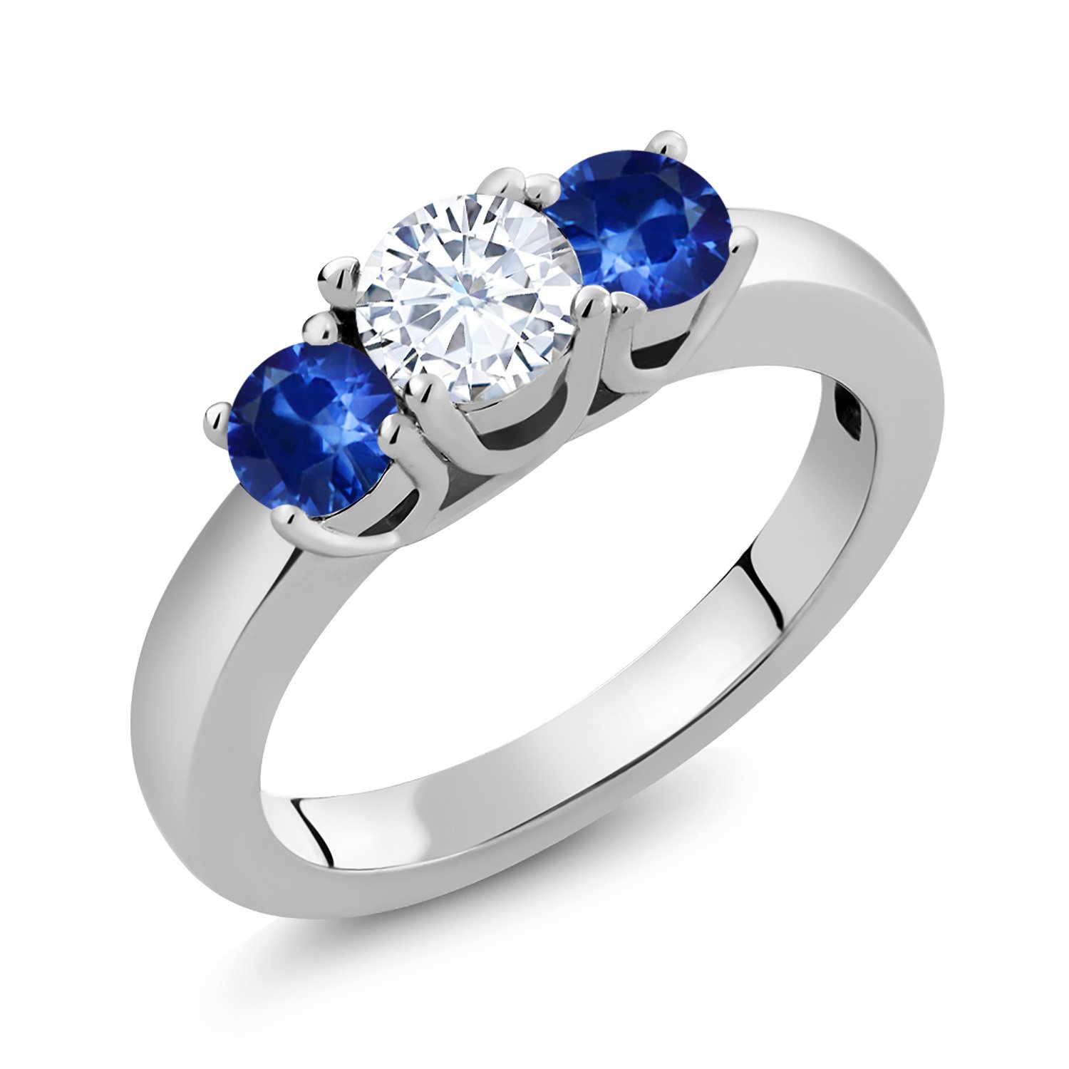 925 Sterling Silver White Moissanite by Charles & Colvard and Sapphire 3-Stone Wedding Jewelry Bridal Ring (1.22 Cttw, Gemstone Birthstone, Available In Size 5, 6, 7, 8, 9)