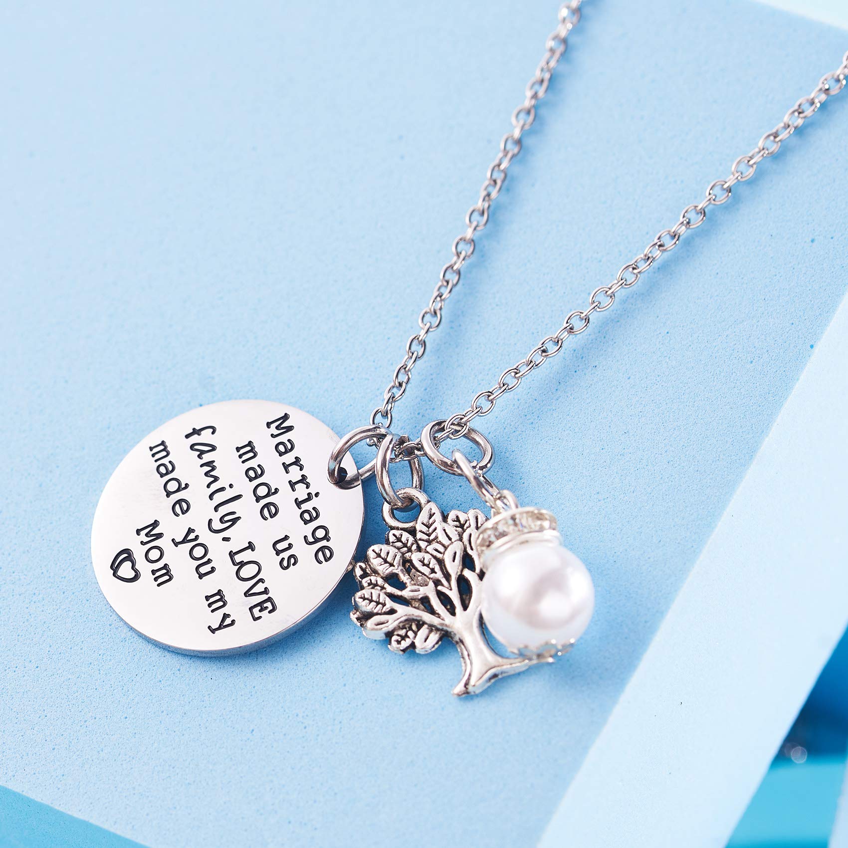 LParkin Mother in Law Gift Stepmom Necklace Mother of The Groom Bride Gifts Marriage Made Us Family Love Made You My Mom Wedding Necklaces