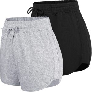 hby 2 pack cotton yoga short women summer casual running gym sports waistband shorts, m black/grey