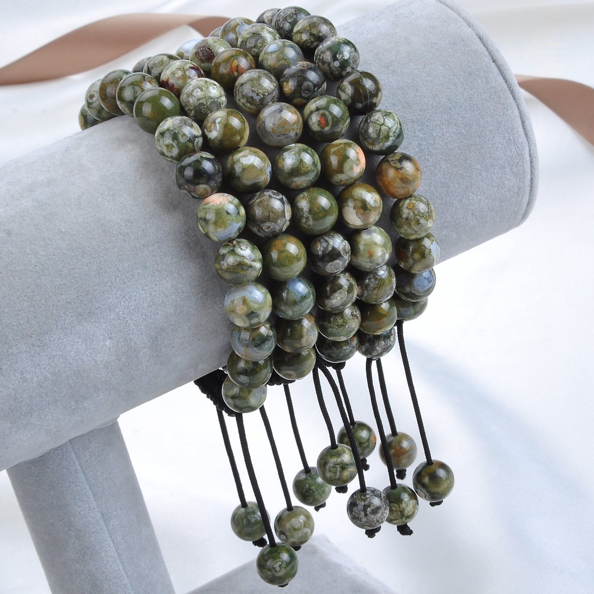 MASSIVE BEADS Adjustable Natural Semi-Precious Gems Beaded Handmade Bracelet (Green Rainforest Jasper, 8mm)