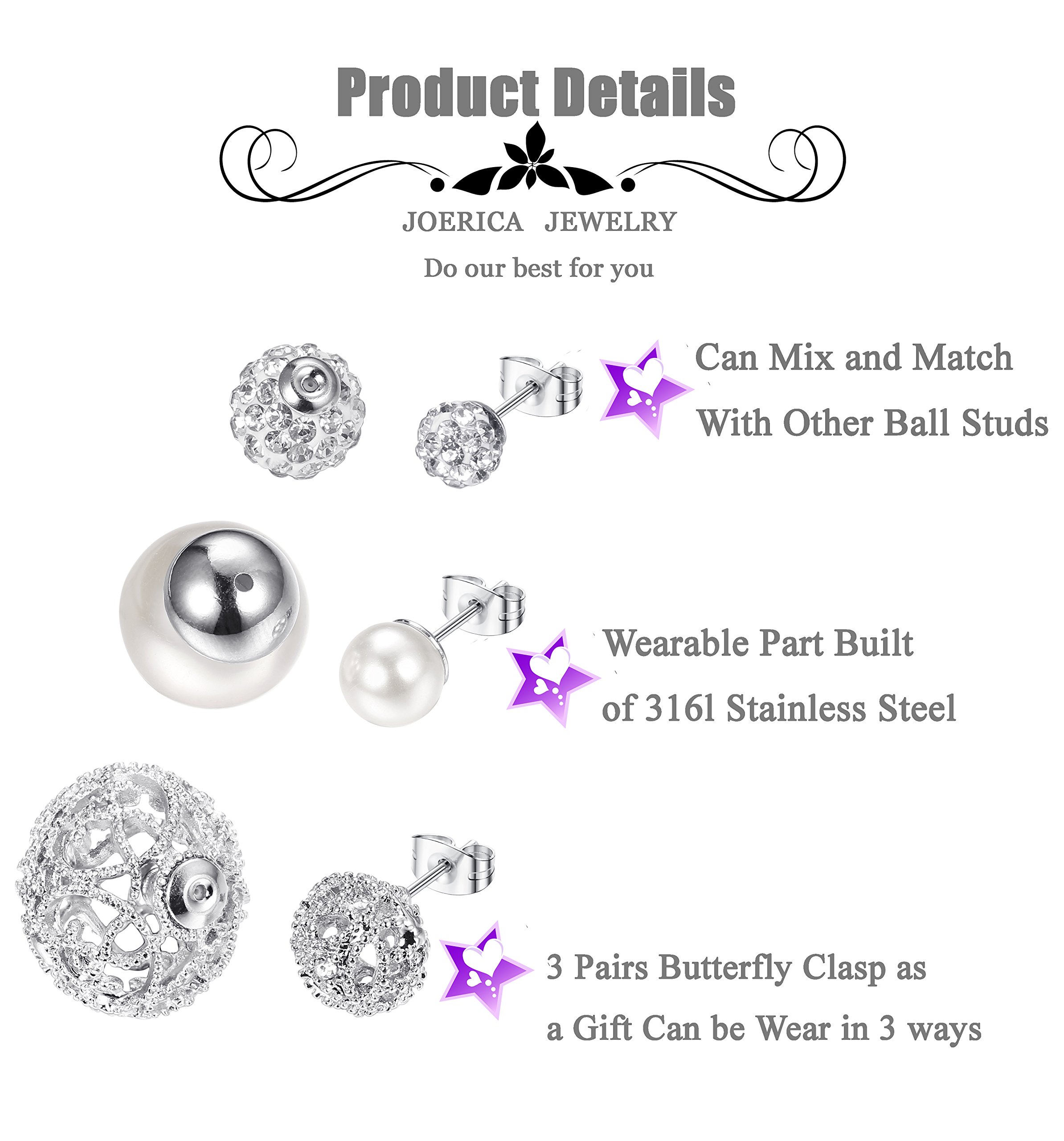 JOERICA 3 Pairs Vintage Hollow Out Womens Double Side Round Ball Stud Earrings Silver-tone