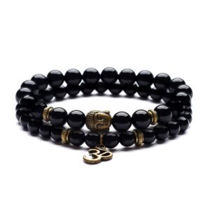 domika black agate beaded bracelet buddha head & om buddhist prayer therapy religious stretch bracelet set