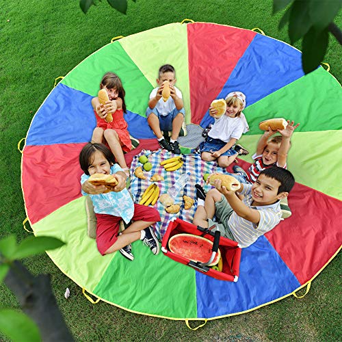 Rettebovon Parachute for Kids with 12 Handles Multi-Purpose Waterproof 12ft Play Parachute Toy Games for Team Games,You Can Also Use it for Picnic Mat and Furniture Cover (12ft)