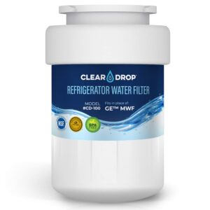 Clear Drop MWF Refrigerator Water Filter, Replacement for GE MWF, MWFP, MWFA, GWF, SmartWater, HDX FMG-1, WFC1201, GSE25GSHECSS, PC75009, RWF1060, 197D6321P006, NSF 42 and 372 Certified,