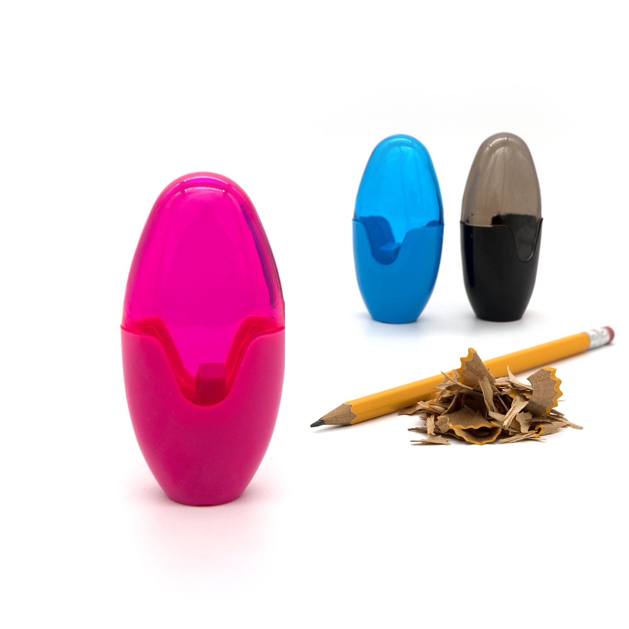 Emraw Single Hole Manual Pencil Sharpener with Oval Receptacle to Catch Shavings for Regular Pencils and Crayons Designed in Blue, Pink & Black Plastic Great for School, Home & Office – (6 Pack)