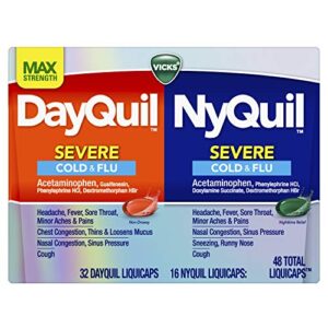 vicks dayquil & nyquil severe co-pack, cold & flu medicine, relief for headache, fever, sore throat, minor aches & pains, nasal congestion, sinus pressure, stuffy nose, & cough, 48ct