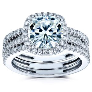 kobelli cushion brilliant moissanite halo bridal wedding rings set 2 1/2 ctw 14k white gold (def/vs, gh/i), 6.5