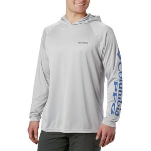 Columbia Men's Terminal Tackle Hoodie, Cool Grey/Vivid Blue Logo, Large