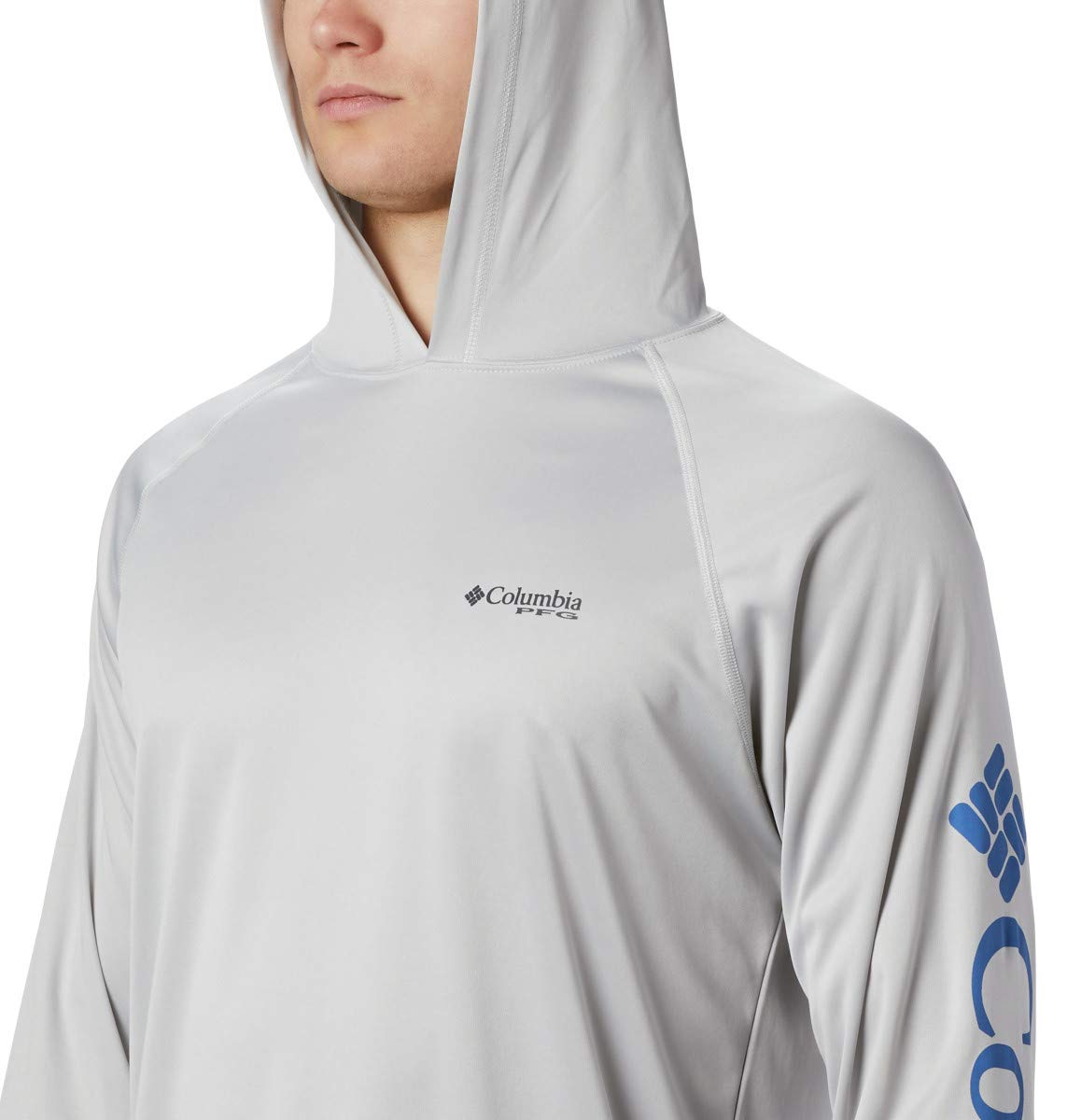 Columbia Men's Terminal Tackle Hoodie, Cool Grey/Vivid Blue Logo, Large