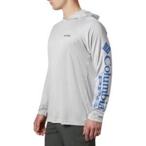 Columbia Men's Terminal Tackle Hoodie, Cool Grey/Vivid Blue Logo, Large