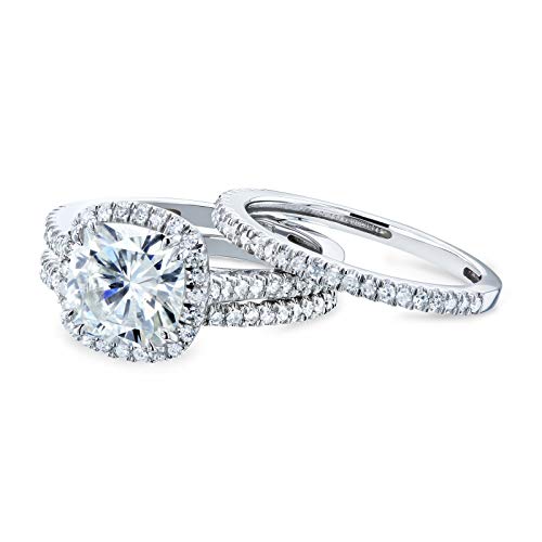 Kobelli Cushion Brilliant Moissanite Halo Bridal Wedding Rings Set 2 1/2 CTW 14k White Gold, 4