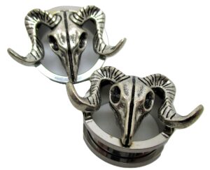 pierced republic ram skull ear plugs - stainless steel screw-on ear plugs - 8 sizes - pair - new! (1" (25mm))