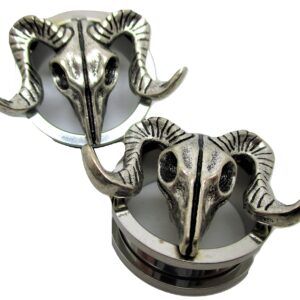 Pierced Republic Ram Skull Ear Plugs - Stainless Steel Screw-On Ear Plugs - 8 Sizes - Pair - New! (1" (25mm))