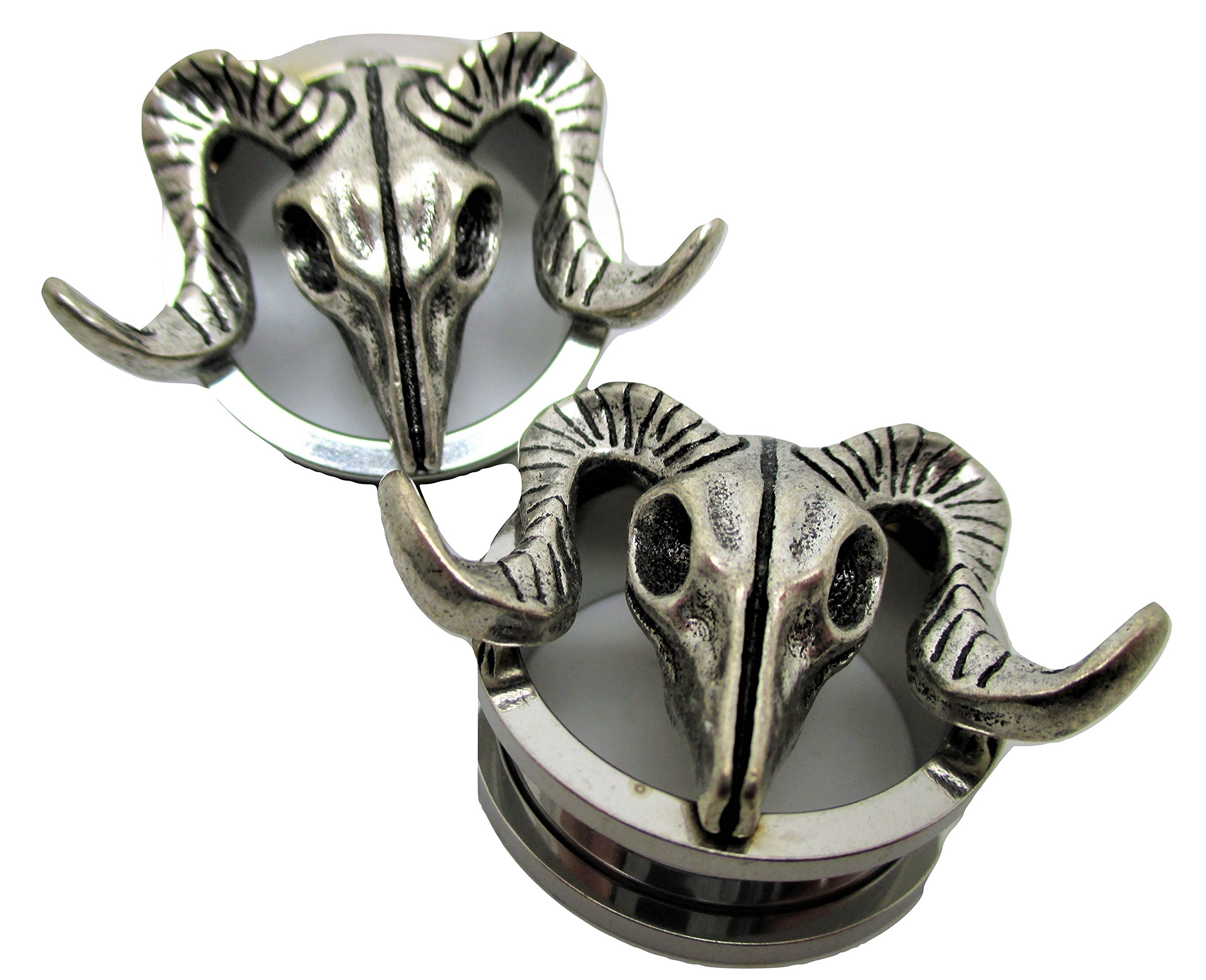 Pierced Republic Ram Skull Ear Plugs - Stainless Steel Screw-On Ear Plugs - 8 Sizes - Pair - New! (1" (25mm))