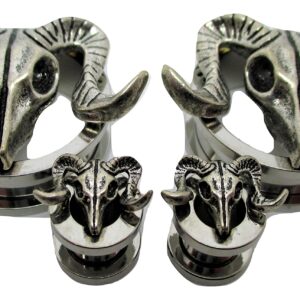 Pierced Republic Ram Skull Ear Plugs - Stainless Steel Screw-On Ear Plugs - 8 Sizes - Pair - New! (1" (25mm))