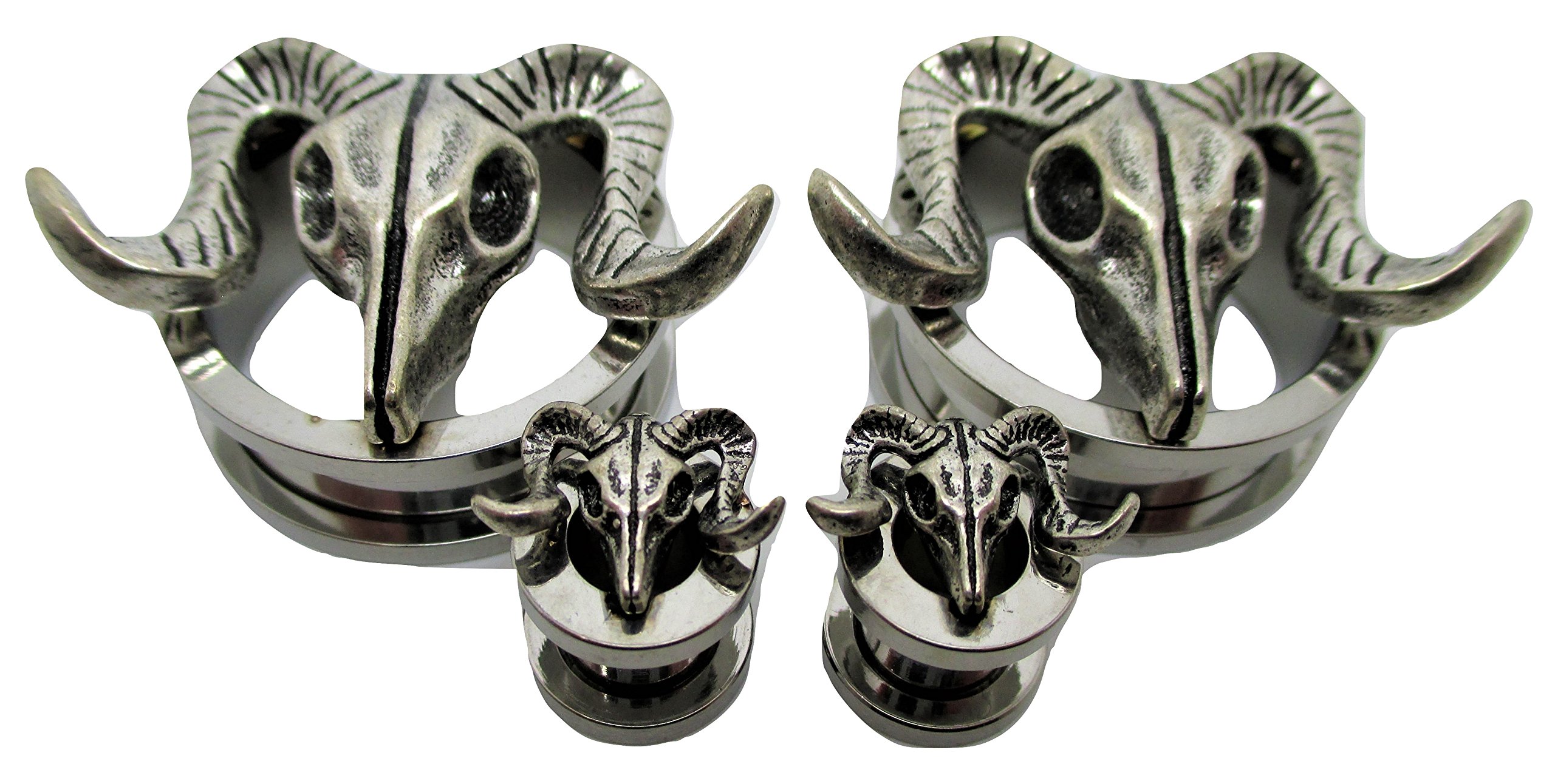 Pierced Republic Ram Skull Ear Plugs - Stainless Steel Screw-On Ear Plugs - 8 Sizes - Pair - New! (1" (25mm))