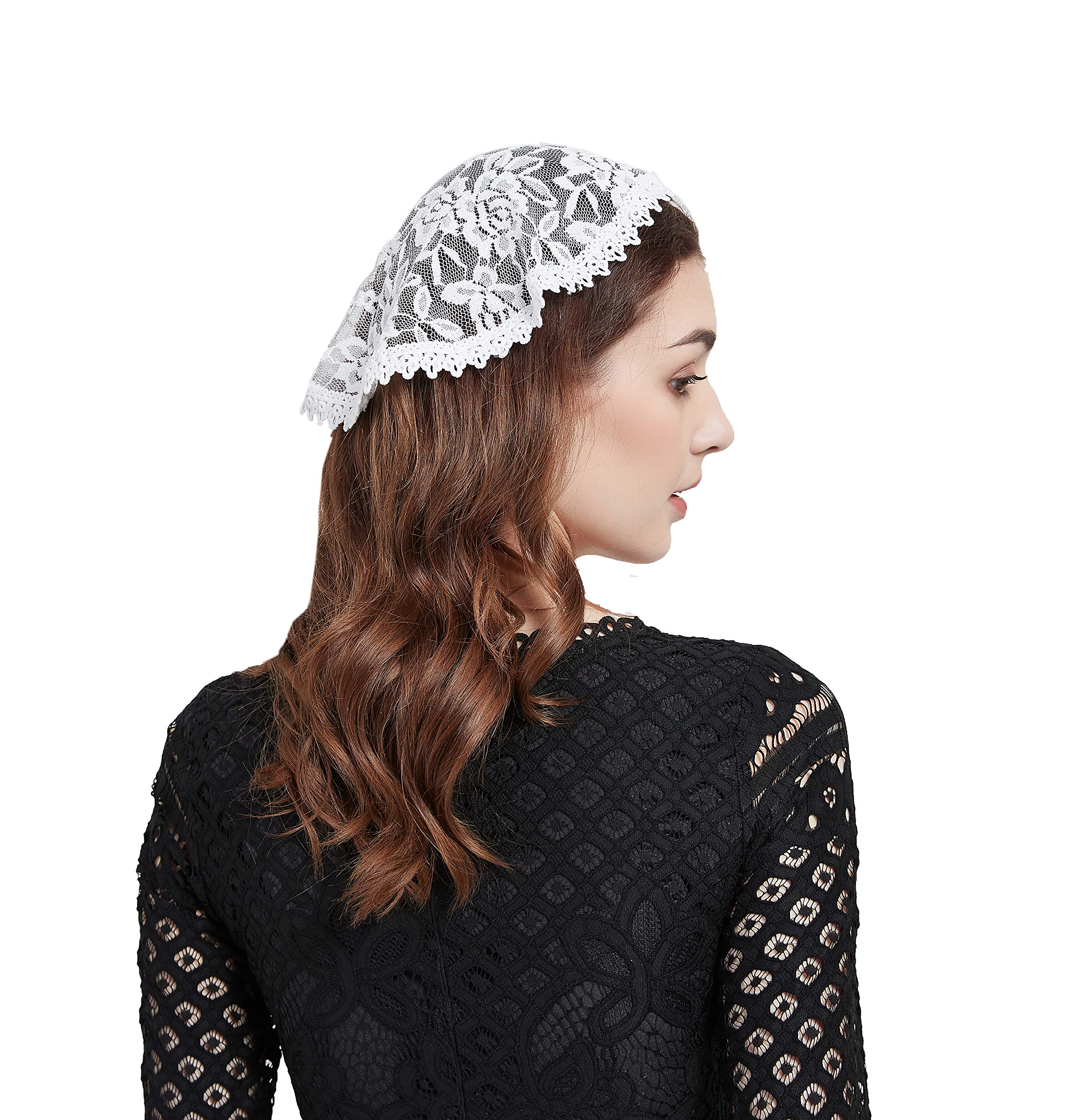 FANFAN Headcovering Lace Church Veil Headpiece Vintage-Inspired Chapel Cap Veil Y034 White