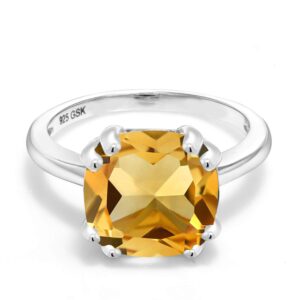 gem stone king 925 sterling silver yellow citrine double prong ring for women (3.22 cttw, cushion cut 10mm, gemstone birthstone, available in size 5, 6, 7, 8, 9)