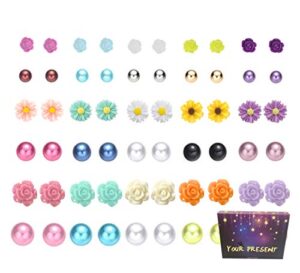 pibupibu 30 pairs mix pearls ball daisy rose flower assorted earrings studs set, hypoallergenic (30 balls+flowers)