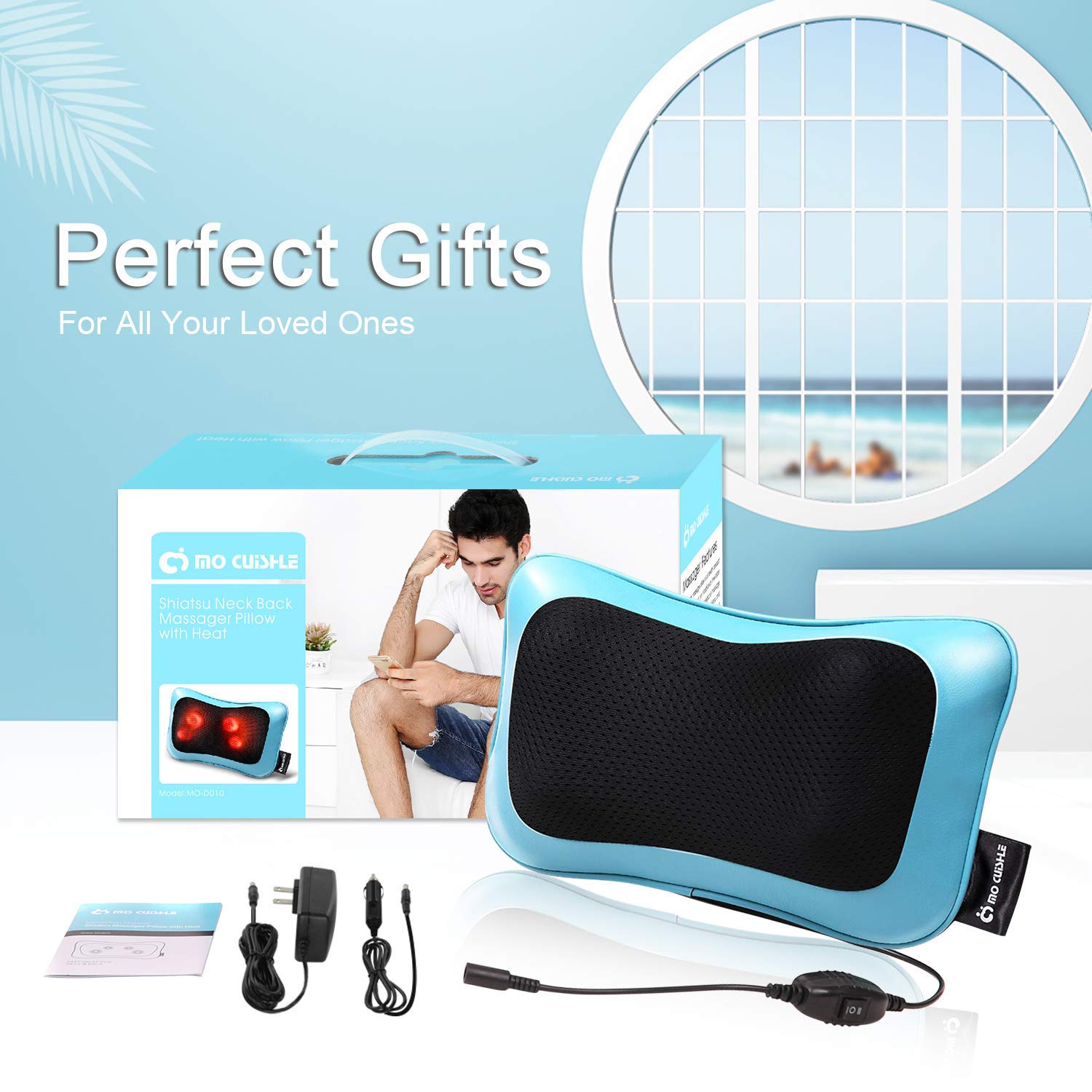 Mo Cuishle Shiatsu Neck Back Massager Pillow with Heat, Deep Tissue Kneading Massage for Back, Neck, Shoulder, Leg, Foot, Gift for Men Women Mom Dad, Stress Relax at Home Office and Car