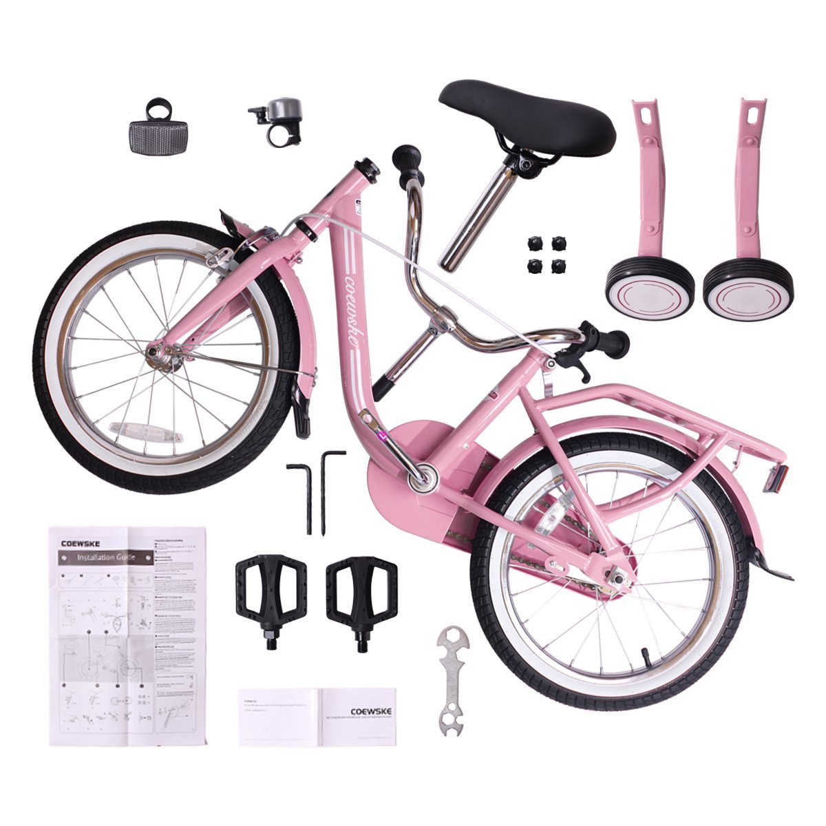 COEWSKE Kid's Bike Steel Frame Children Bicycle 14-16 Inch with Training Wheel(14" Pink)