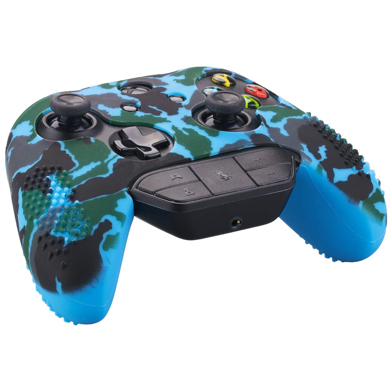 9CDeer Studded Protective Customize Transfer Printing Silicone Cover Skin Sleeve Case + 8 Thumb Grips Analog Caps for Xbox One/S/X Controller Camouflage Blue Compatible with Official Stereo Headset