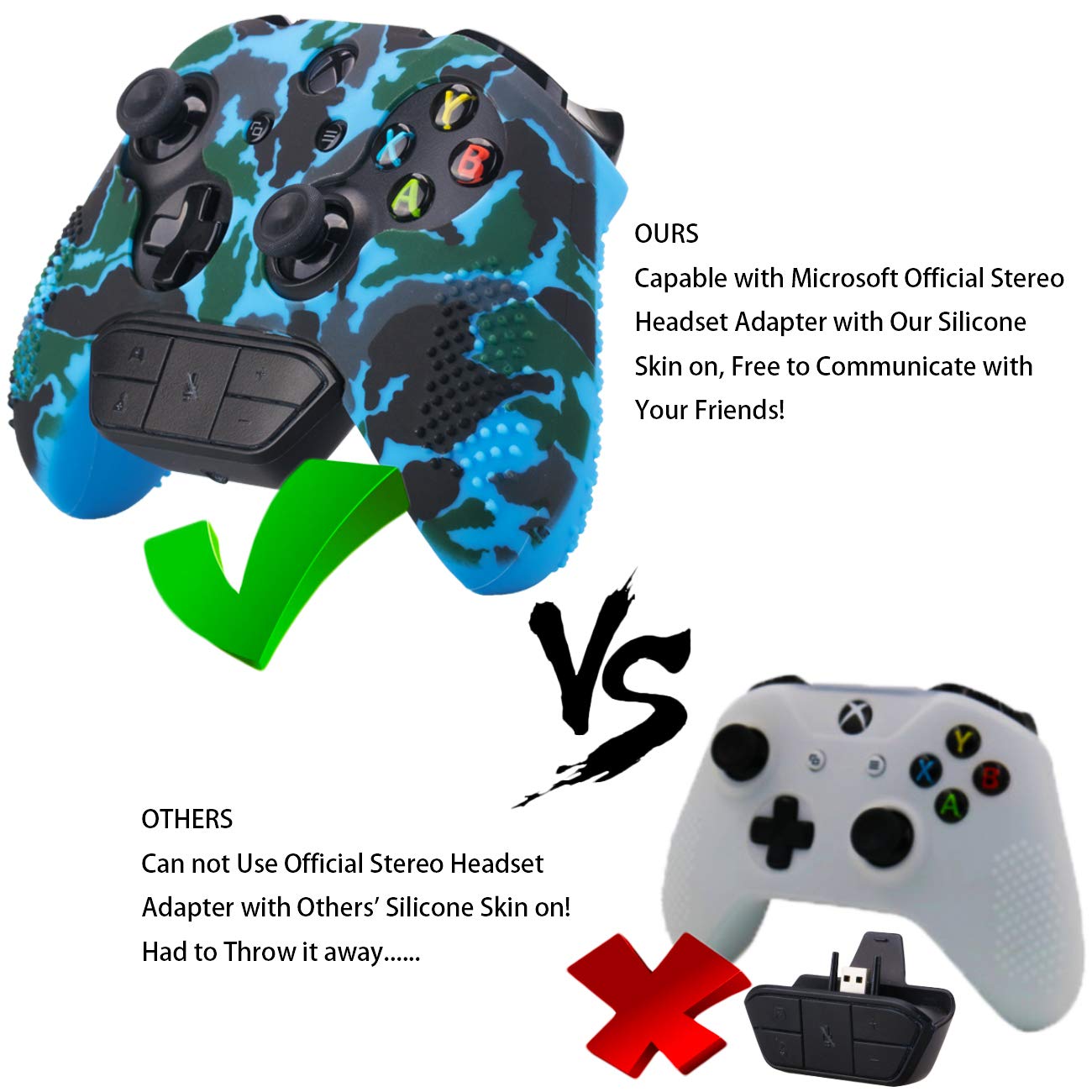 9CDeer Studded Protective Customize Transfer Printing Silicone Cover Skin Sleeve Case + 8 Thumb Grips Analog Caps for Xbox One/S/X Controller Camouflage Blue Compatible with Official Stereo Headset