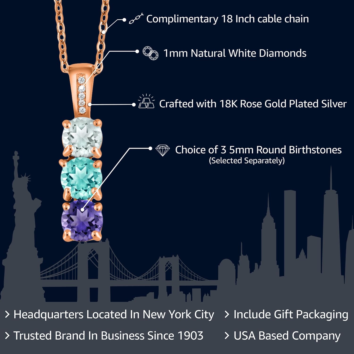 Gem Stone King Customized and Personalized Diamond and 3 Gemstone Birthstone Mother Necklaces In 18K Rose Gold Plated Sterling Silver | 3-Stone Pendant Necklace For Women | Round 5MM