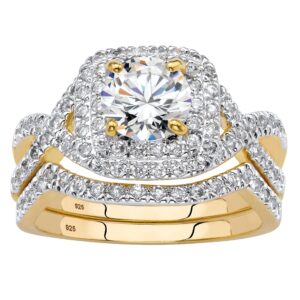 palmbeach jewelry yellow gold-plated or platinum-plated sterling silver round cubic zirconia bridal ring set size 6