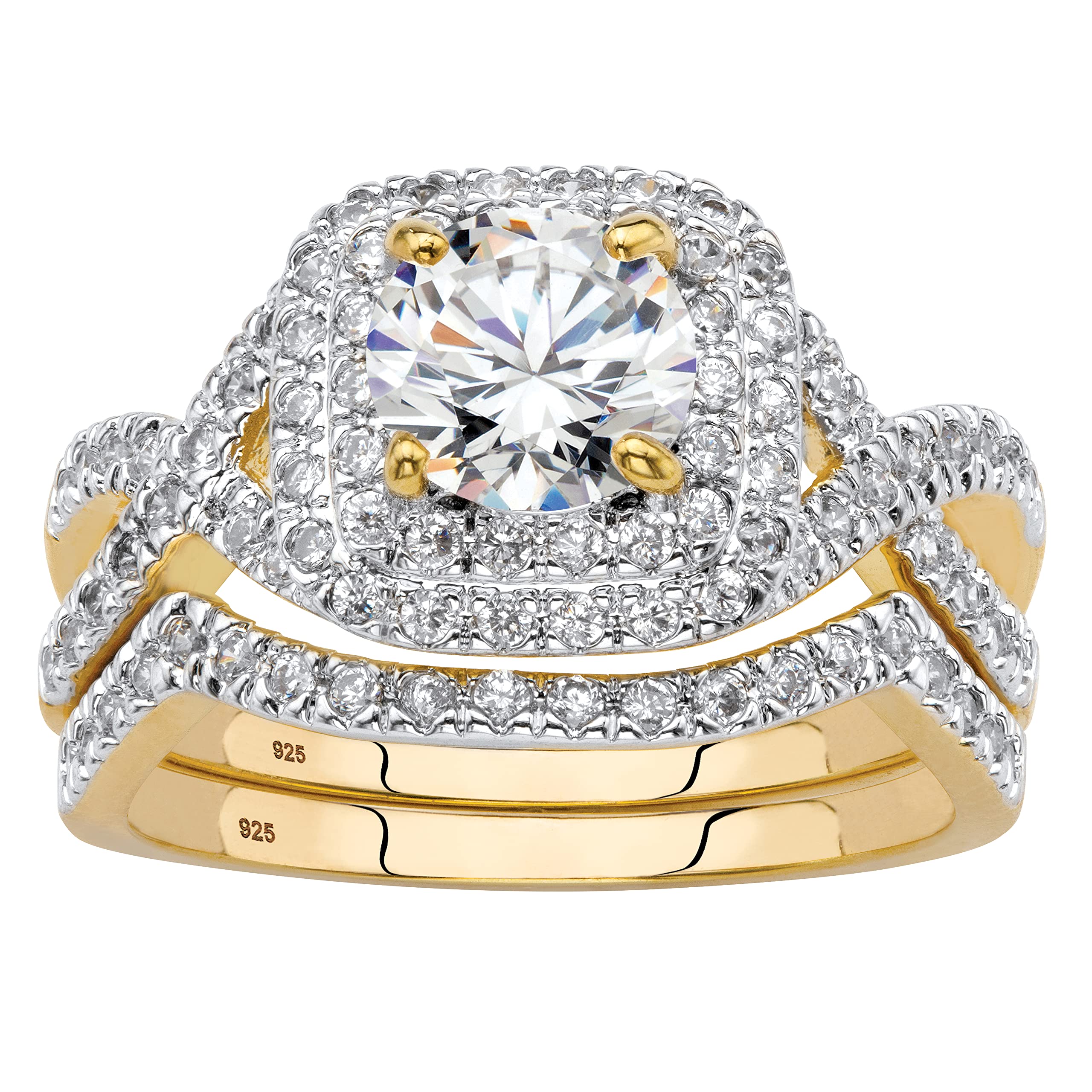 PalmBeach Jewelry Yellow Gold-Plated or Platinum-Plated Sterling Silver Round Cubic Zirconia Bridal Ring Set Size 6