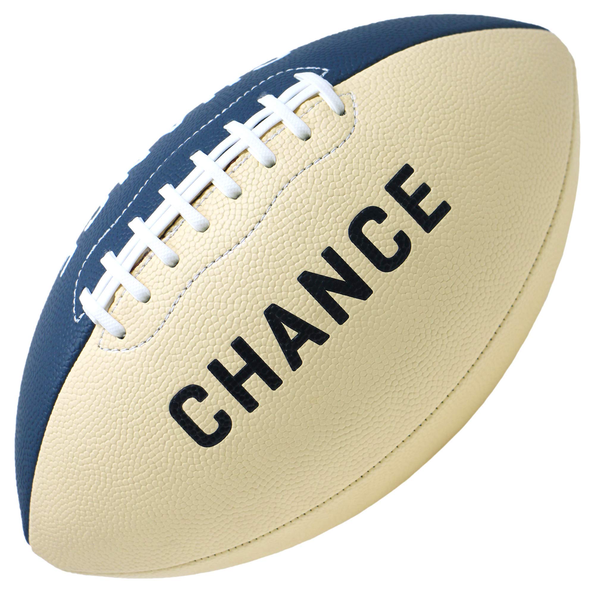 Chance Football - PRO Quality Composite Leather (Size 7 Kids & Youth Football, 9 Adult Football) (7 Kids & Youth - 10.5" x 6" x 19.5", Sebastian - Beige & Navy Blue)