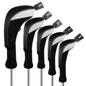 andux 5pcs/set golf 460cc driver fairway wood club head covers long neck black