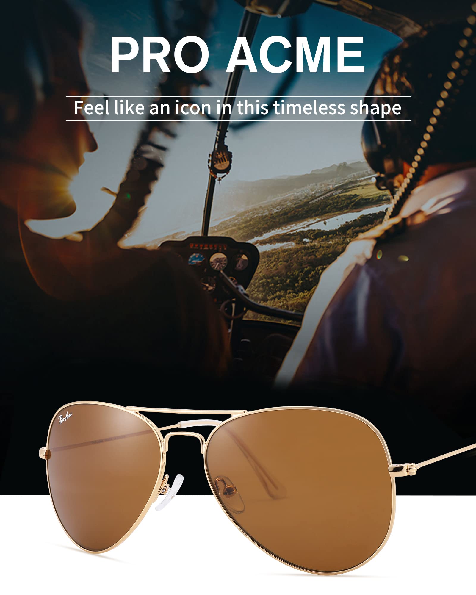 Pro Acme Classic Aviator Sunglasses for Men Women 100% Real Glass Lens (Gold/Brown)