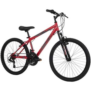 huffy stone mountain boys 24 inch mountain bike, red gloss frame, 21-speed shimano twist shifting, front suspension, comfort saddle | 20"/24"/26" sizes, 6-21 speeds, dual suspension available |