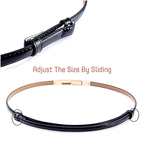 Women's Belt Dress Fashion Patent Leather Belts Adjustable 22"- 36" Skinny Slim Belt Genuine Leather Gold Color Buckle Waistband, Black