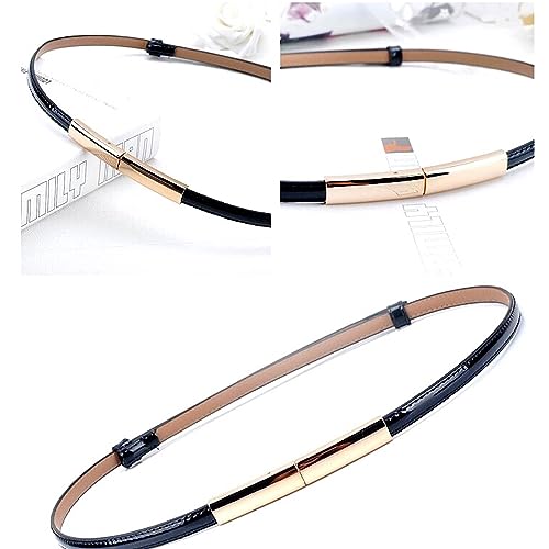 Women's Belt Dress Fashion Patent Leather Belts Adjustable 22"- 36" Skinny Slim Belt Genuine Leather Gold Color Buckle Waistband, Black