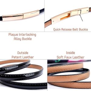 Women's Belt Dress Fashion Patent Leather Belts Adjustable 22"- 36" Skinny Slim Belt Genuine Leather Gold Color Buckle Waistband, Black