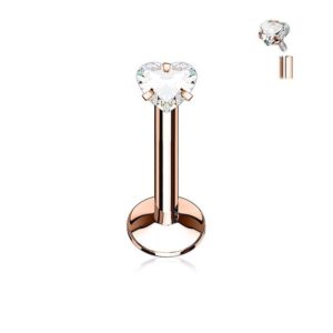 covet jewelry heart cz prong pvd 316l internally threaded labret, monroe, cartilage stud rings (16ga, length: 6mm, ball size: 3mm, rose gold)