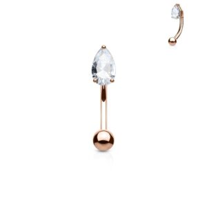 tear drop cz prong set top 316l surgical steel eyebrow rings/curved barbells (rose gold/clear)