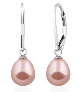 splendid pearls 925 sterling silver 8mm genuine pearls freshwater cultured lever-back dangling earrings for women (pink)