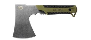 gerber gear pack hatchet - 3.5" steel blade with full tang - camping hatchet with included mountable nylon sheath - sage green